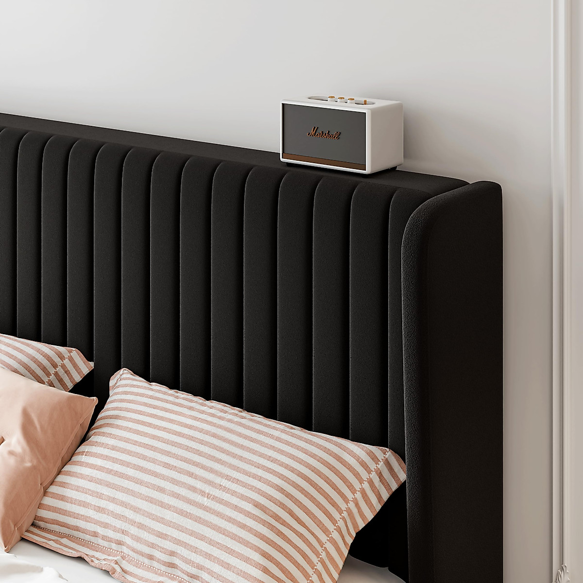 SHA CERLIN King Size Velvet Bed Frame with Vertical Channel Tufted Wingback Headboard, Upholstered Platform Bed with Wood Slats, No Box Spring Needed, Easy Assembly, Black