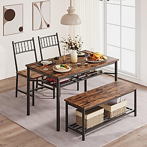 IDEALHOUSE Dining Table Set for 4, Kitchen Table and 2 Chairs with Storage Bench, 47.2" Rectangular Kitchen Table Set with Wine Rack, Dining Room Table Set for Small Space, Apartment, Rustic Brown