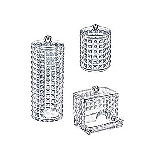 Bremen Home 3 Pack Bathroom Makeup Organizer Set, Diamond Design Acrylic Plastic Cotton Ball, Cotton Pad and Q Tip Holder-Vanity Organizer-Storage Containers