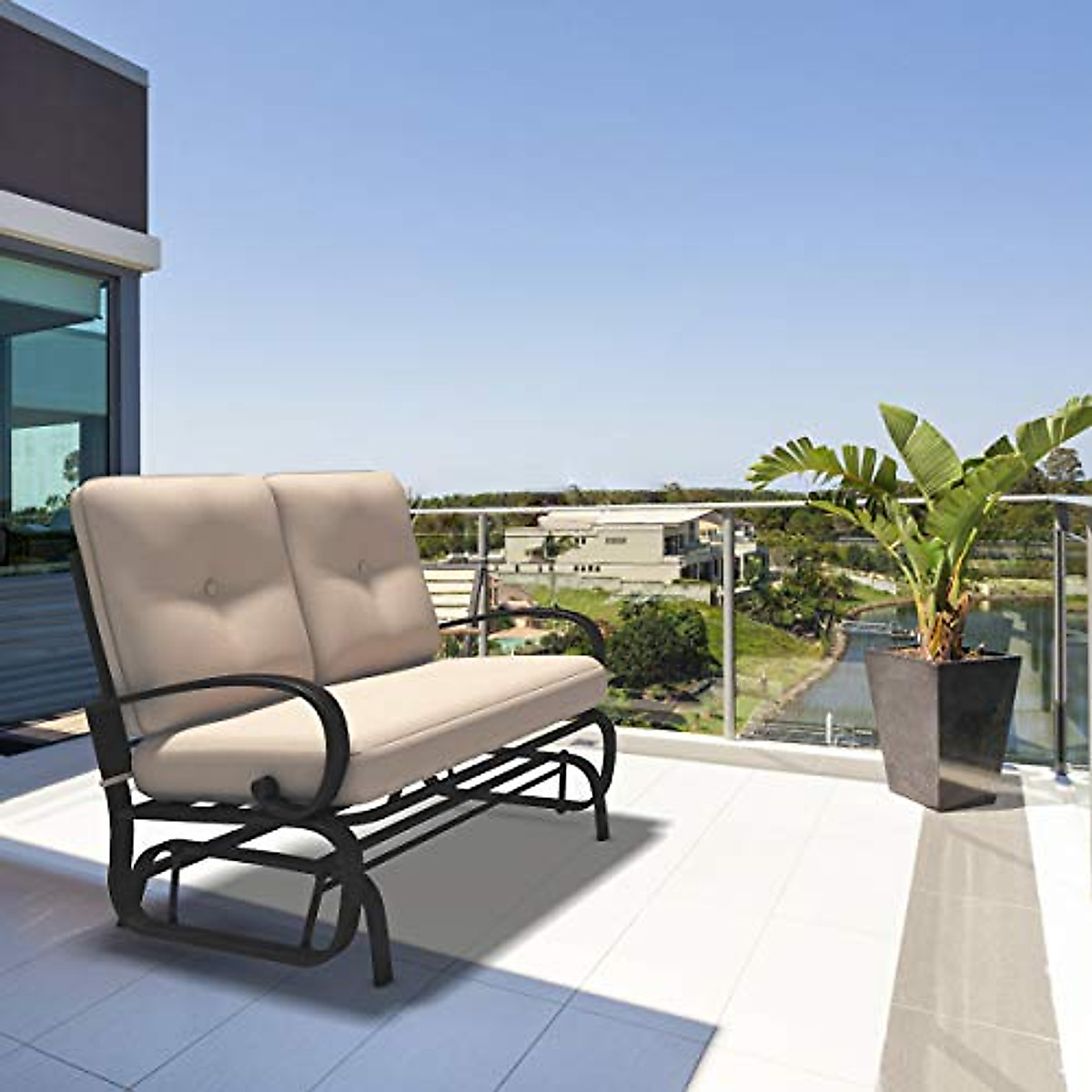 Giantex Outdoor Glider Bench, Patio 2 Person Loveseat with Removable Cushion, Thick Padded Seat, Stable Steel Frame, Outside Glider Swing Chair for Deck, Poolside, Yard, Balcony, Porch Glider(Beige)