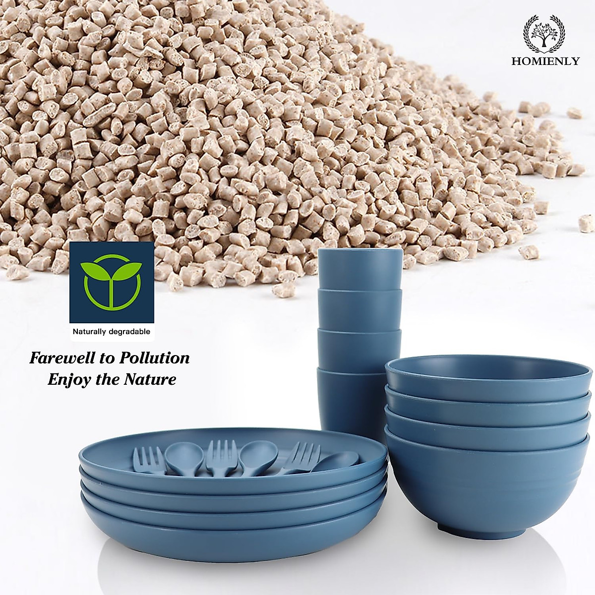 Homienly Wheat Straw Dinnerware Sets, 20pcs Unbreakable Microwave Dishwasher Safe Tableware Lightweight Bowls, Cups, Plates Set Reusable Dinner Plates Bowls set (Blue)