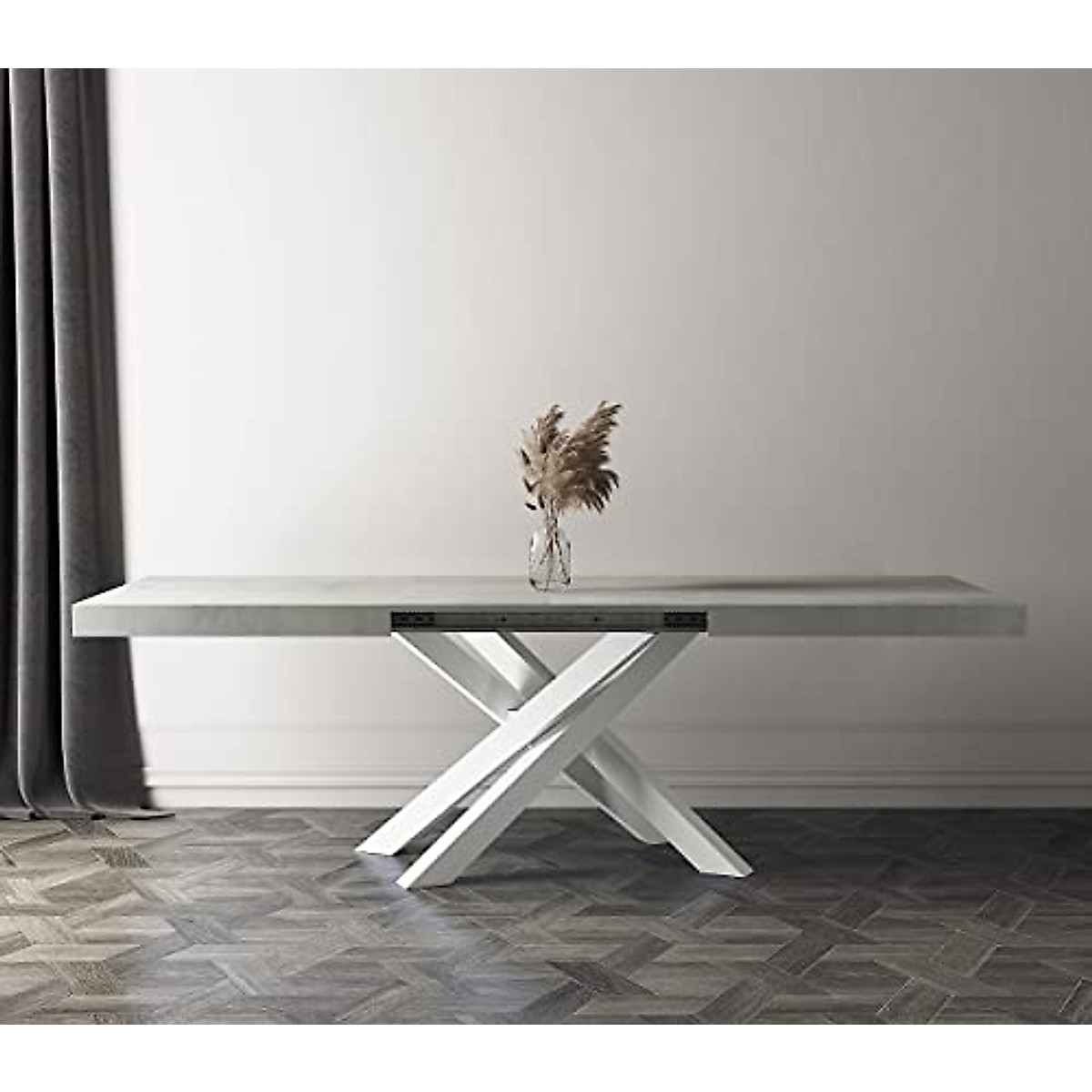 Mobili Fiver, Emma 140 Extendable Dining Table, Concrete Grey with White Crossed Legs, Made in Italy