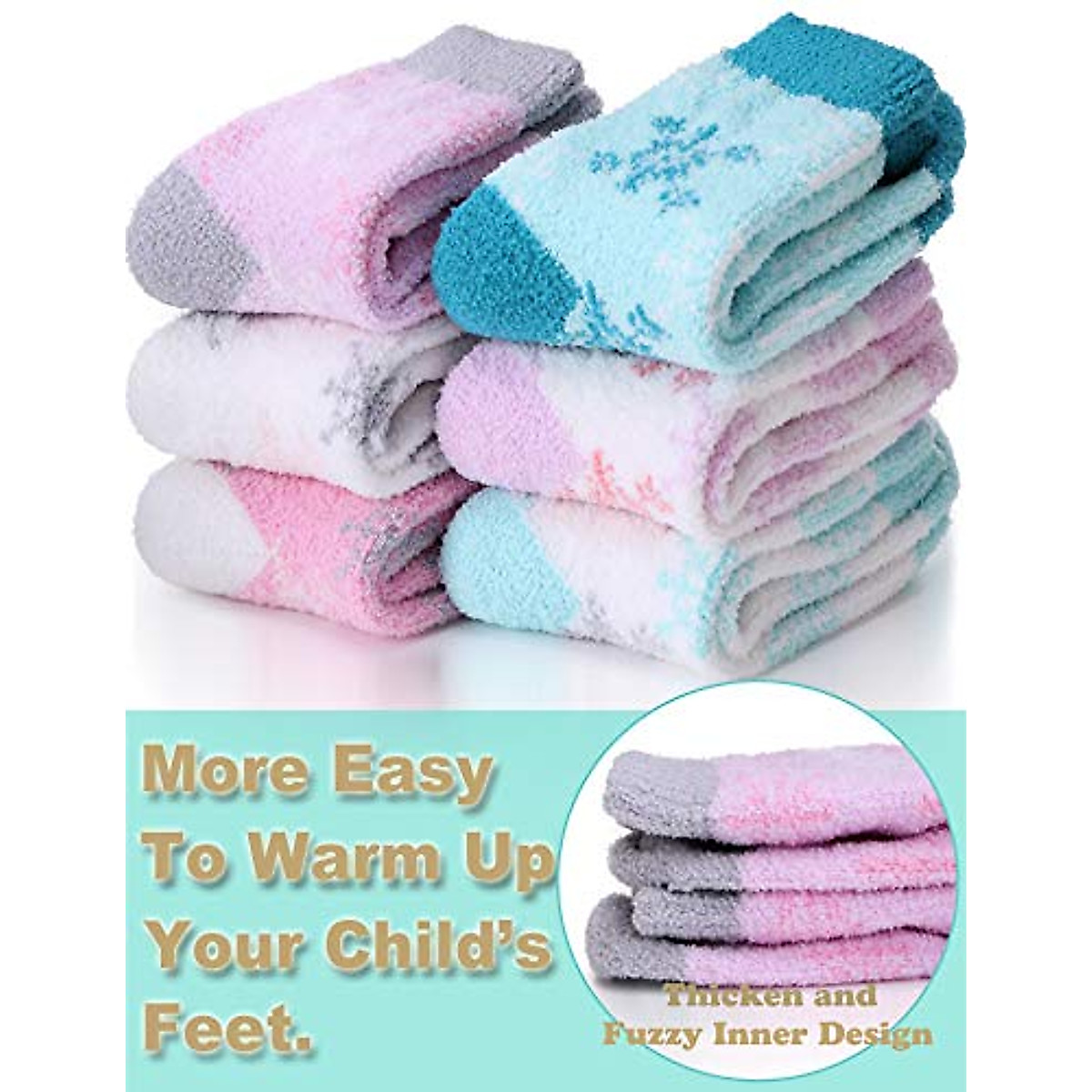 EBMORE Girls Kids Toddler Fuzzy Non Slip Grips Slipper Socks Gift Crew Cabin Cozy Fluffy Hospital Cute Warm Winter Socks for Boys Child Christmas Stocking Stuffers 6 Pairs（Snowflake，8-12 Y）