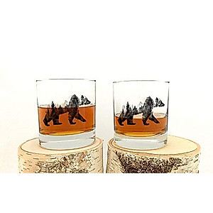 Black Lantern Whiskey Glasses – Handmade Whiskey Glass Set and Bar Glasses – Double Exposure Bear Design (Set of Two 11oz. Glasses)