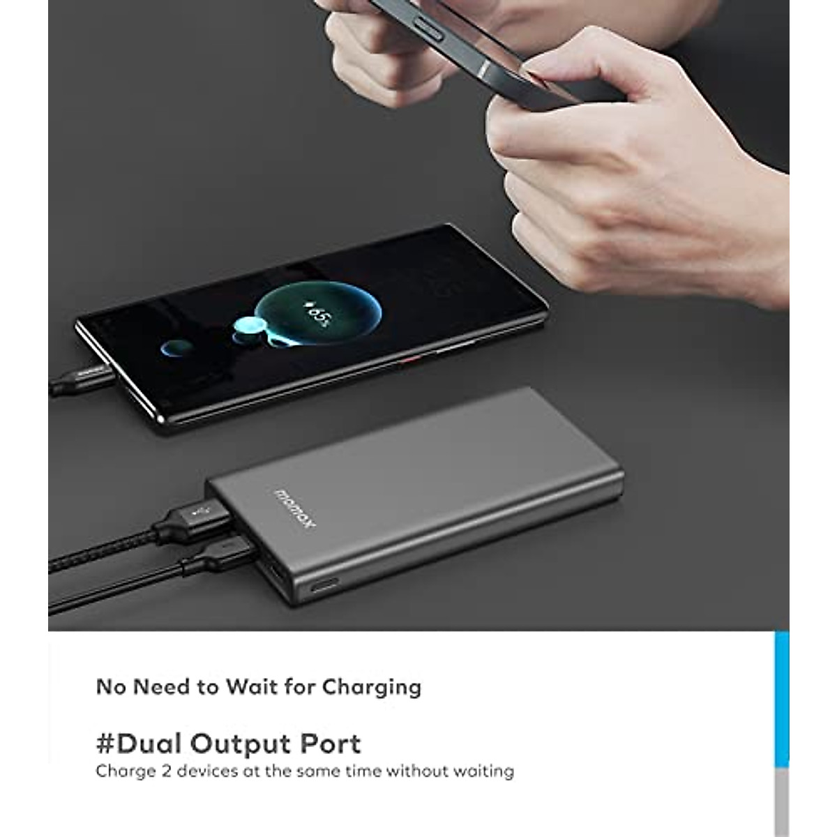 MOMAX Portable Charger, 10000mAh 20W PD Aluminum Ultra Slim Power Bank 3A High-Speed Thin Phone Charger with 2 Input & 2 Output Compatible with iPhone, Samsung Galaxy, MacBook, Pixel & More (Grey)