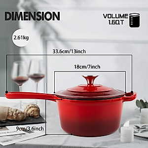 AILIBOO Enameled Cast Iron Sauce Pan, 1.6 Quarts Round Sauce Pot with Lid, Min Dutch Oven Enamel Saucepan for Cooking Pasta Sauce, Gravy, Puddings & Boiling, Gradient Red