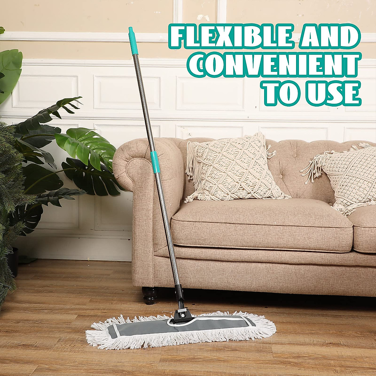 Gerrii 3 Pack Commercial Dust Mop Set Cotton Floor Sweeper Industrial Dry Mop Flip Mop with Replacement Washable Mops for Hardwood Marble Tile Floor Mopping, 23.6 x 53 Inch