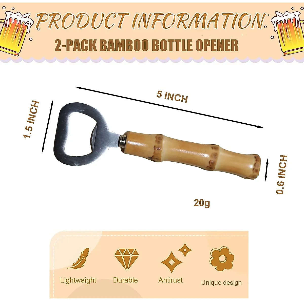 2PCS Bamboo Bottle Openers,Beer Bottle Openers,Bartender Cool Bottle Openers,Soft Drinks-Handcraft Bamboo Handle（yellow）