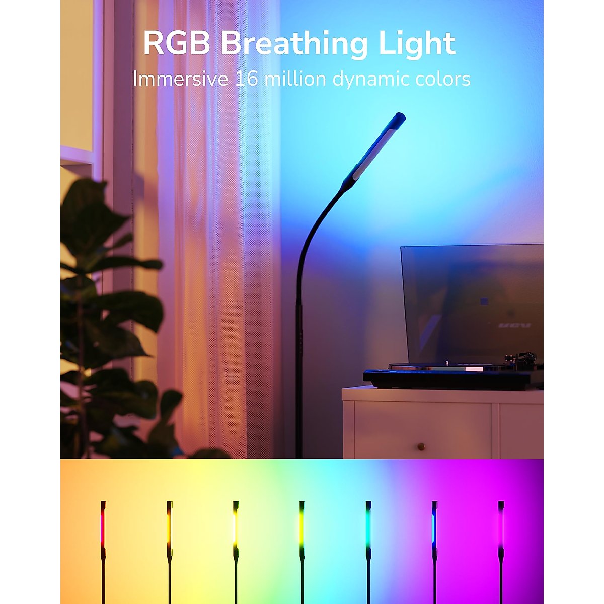 ULG 【Upgrade】 Double Side LED Floor Lamp, Tall 360° Adjustable Gooseneck Standing Reading Lamp for Bedroom, RGB & Dimmable Bright Task Light with 3000K-6500K Color Temps, Eyelash LED Floor Light