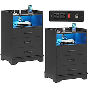 Hasuit Nightstand Set of 2 with Charging Station, LED Lights, 3 Drawers, and Open Storage - Modern Black Bedside Tables