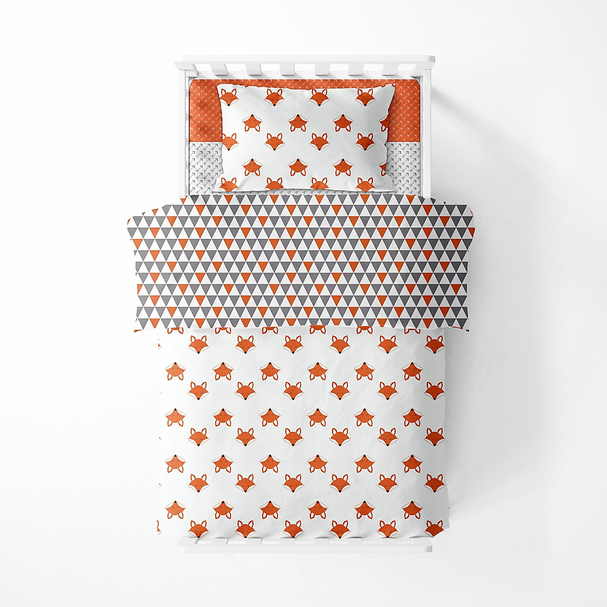 Bacati Playful Foxs 4 Piece Neutral Toddler Bedding Set, Orange/Grey 100 Percent Cotton Includes Reversible Comforter, Fitted Sheet, Top Sheet, and Pillow Case for Boys/Girls