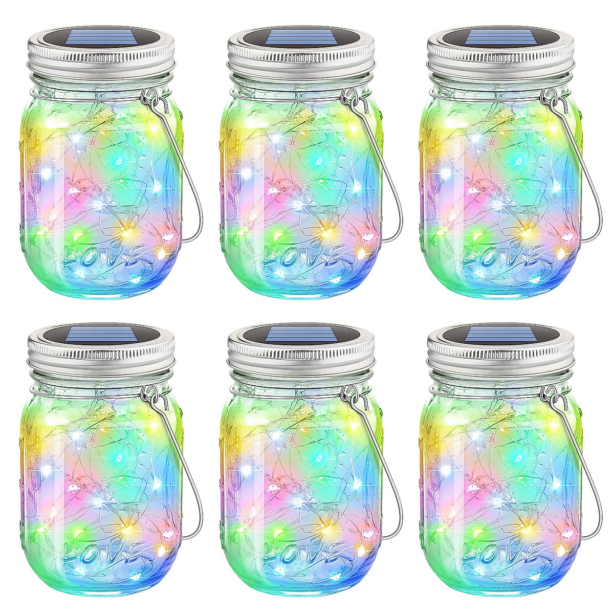 Mason Jar Solar Lights 30 LEDs, 6 Pack Hanging Solar Lights Outdoor, Waterproof Fairy Lights Solar Lanterns for Patio Garden, Hangers and Jars Included- Multicolor