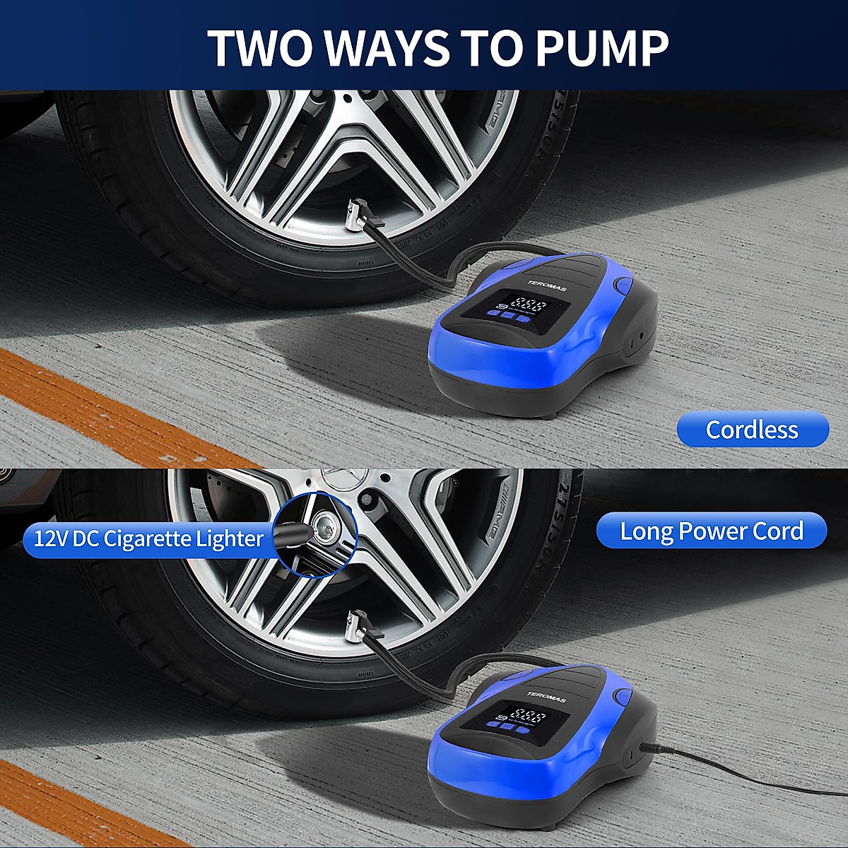 TEROMAS Tire Inflator Portable Air Compressor, Cordless Air Pump for Car Tires and Other Inflatables, Rechargeable Digital Electric Tire Pump with Pressure Gauge