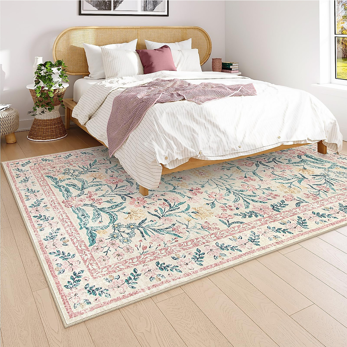 Wonnitar Machine Washable 5x7 Rug, Pink Rugs for Bedroom Girls, Boho Soft Floral Nursery Rug Non Slip, Indoor Ultra-Thin Floor Carpet Area Rug for Kid Room Living Room Dorm