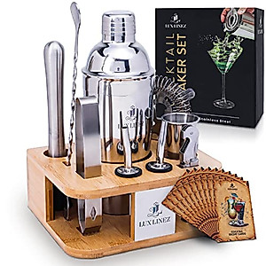 LUX LINEZ Bartender Kit-Cocktail Shaker Set with Anti-Slip Bamboo Stand-10 pcs Cocktail Set with All Essential Bar Tools-Cocktail Kit for Your Home and an Awesome Bar Set for a House Warming Gift