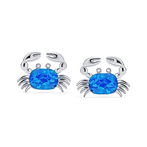 Small Gemstone Blue Tropical Vacation Nautical Created Opal Beach Sand Crab Stud Earrings For Women .925 Sterling Silver October Birthstone