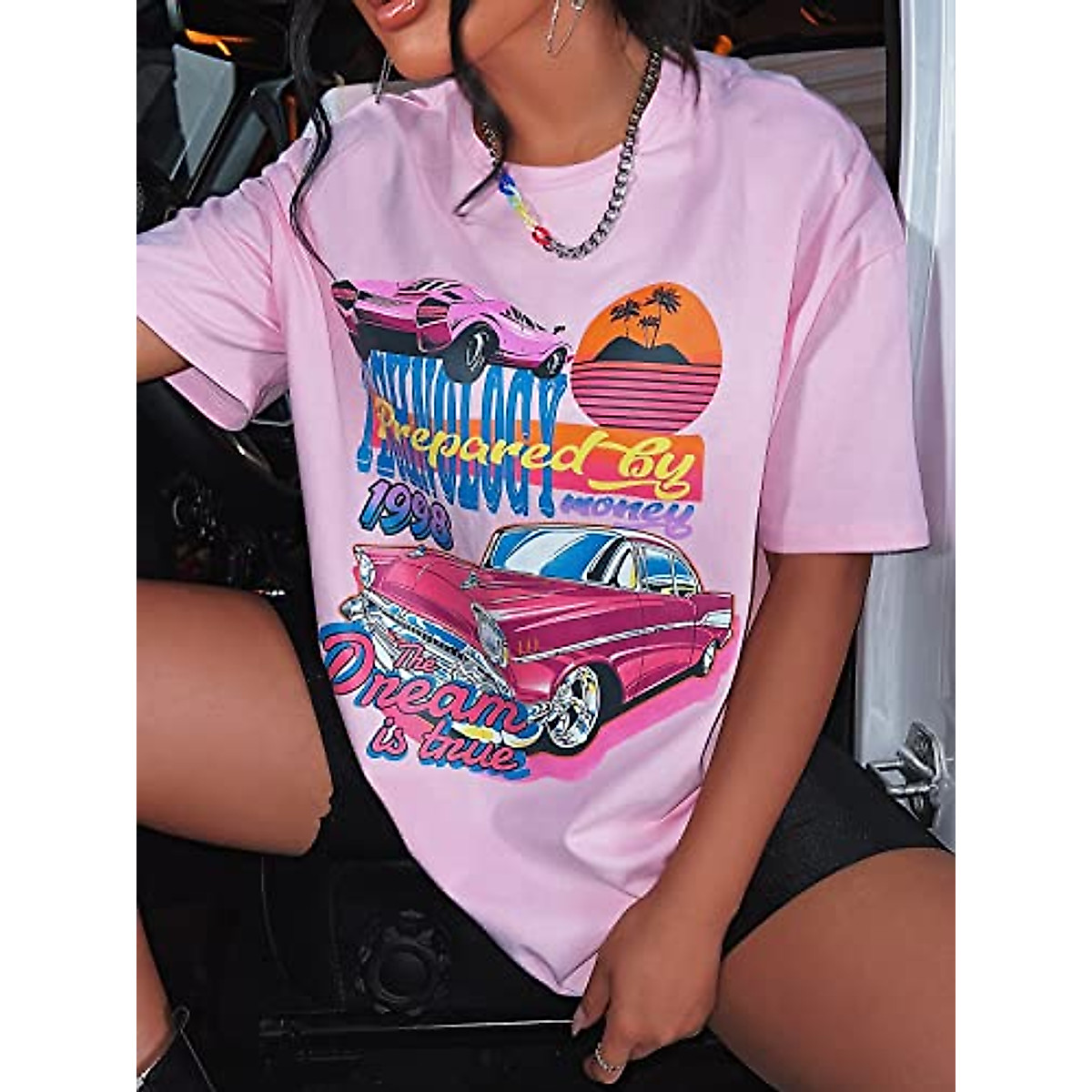 SHENHE Women's Graphic Tee Oversized Letter Drop Shoulder T Shirts Top Light Pink M