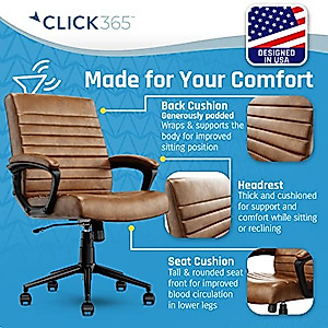 Click365 Transform 3.0 Extra Comfort Ergonomic Mid Back Channel Stitching Desk Chair, with Padded armrests, Adjustable-Height, Tilt, Lumbar Support, 360-Degree Swivel, Bonded Leather, Cognac