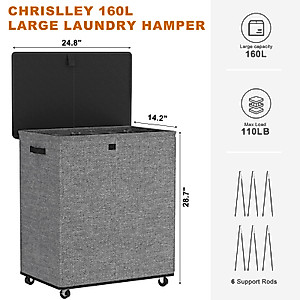 Chrislley Double Laundry Hamper with Wheels 160L Large Laundry Basket with Lid,Rolling Dirty Clothes Hamper 2 section with Removable Liner Bags, Collapsible Laundry Organizer for Bedroom, Dorm,Gray