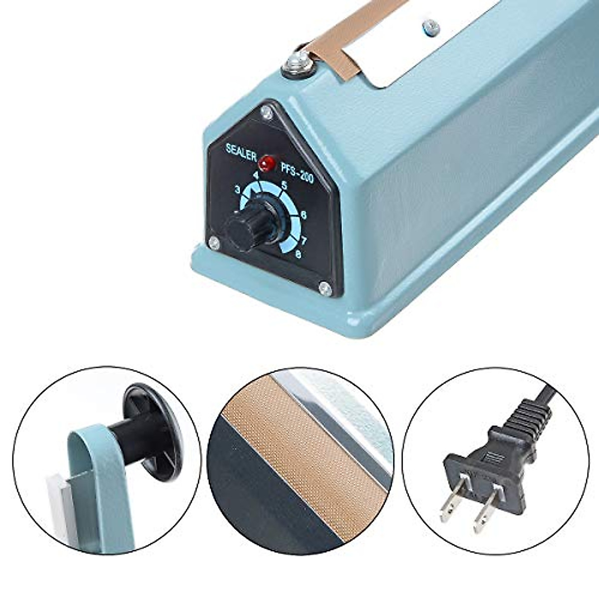 8" (200mm) Impulse Sealer 300w- Manual Plastic Poly Bag Heat Sealing Machine Closer Kit w/Adjustable Timer, Portable with Free Replacement Element Grip and Teflon Tape