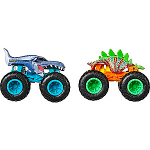Hot Wheels Monster Trucks 1:64 Scale Dino 2-Pack, Set with Motosaurus & Mega-Wrex, Toy for Kids & Collectors
