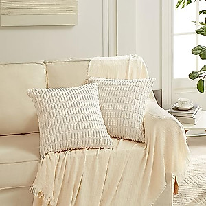 Fancy Homi 4 Packs Neutral Decorative Throw Pillow Covers 18x18 Inch for Living Room Couch Bed Sofa, Rustic Farmhouse Boho Neutral Home Decor, Soft Plush Striped Corduroy Square Cushion Case 45x45 cm