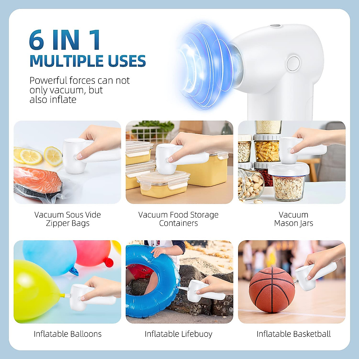 Mason Jar Vacuum Sealer Food Saver Jar Sealer 6 in 1 Electric Handheld Vacuum Sealer Air Pump for Wide and Regular Mouth Mason Jar Compatible with Food Saver Vacuum Sealer Machine (White)