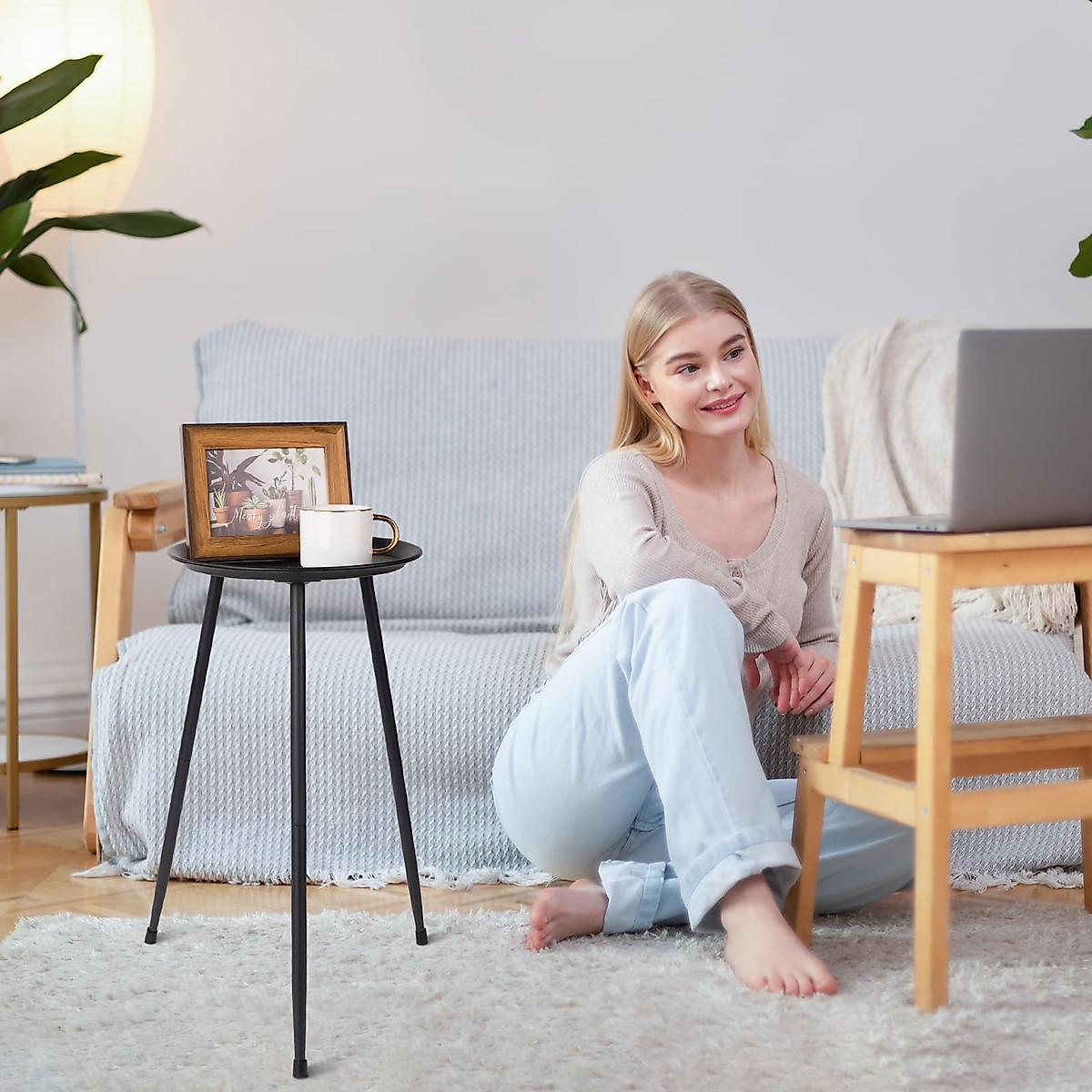 JOFAMY Black Metal Plant Stand Indoor Outdoor,Tall Flower Pot Holder,Mid Century Small Round Side Table,Modern Stools for Plants Indoor,Living Room