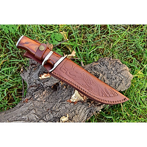 Damascus Hunting Knife, Handmade Full Tang Knife - Wood Handle Knife, Hand Forged Fixed Blade Knife & Bowi Knife - Camping Knives & Hiking Knives, Rose Wood Handle - Leather Knife Sheath