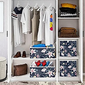 visesunny Closet Baskets Retro Lily Floral Storage Bins Fabric Baskets for Organizing Shelves Foldable Storage Cube Bins for Clothes, Toys, Baby Toiletry, Office Supply