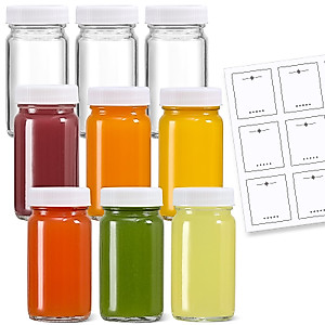 9 Pack 2 oz Glass Shot Bottles w/ White Lids & 9 Labels - Small Clear Jar for Ginger, Wellness Shot, Juice, Sample, Whiskey - Travel Essentials Mini Bottles - Wide Mouth, Leakproof, Dishwasher Safe
