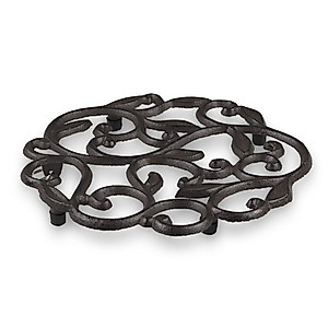 gasaré, Cast Iron Trivet for Hot Dishes, Pots, and Pans, Metal Trivet, Vine Plant Design, Rubber Feet Caps, Ring Hanger, 8 Inches, Brown, 1 Unit
