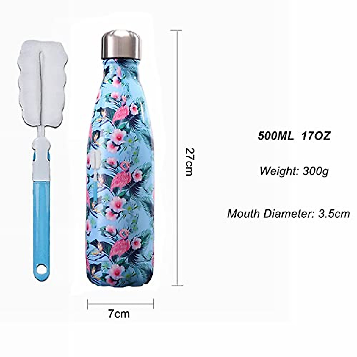 17oz Stainless Steel Travel Water Bottles, Double Wall Vacuum Insulated Reusable Leakproof BPA Free Cola Shape Thermos With Cleaning Brush, 24 Hours Cold 12 Hours Hot Metal Water Bottle, Blue Flamingo