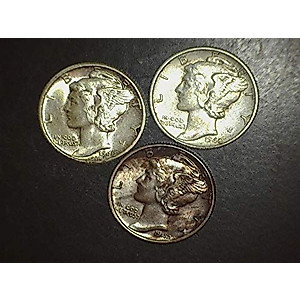 1940 No Mint Mark 1942 1945 Mercury Dimes - Set of 3 Coins - 10c US Mint AU/BU
