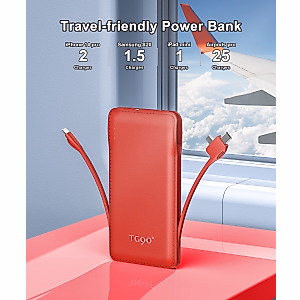TG90° Portable Charger 10000mah Cell Phone Battery Backup, Ultra Slim Power Bank with Built in Lightning and USB-C Cable, Portable Phone Charger Battery Packs Compatible with iPhone Android Phones