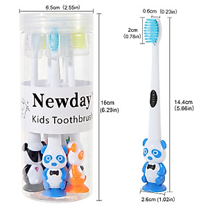 Newday Kids toothbrushes 6 Pack Set Soft Bristles with Suction Cup, Includes Travel Covers, Bear Panda toothbrushes for Kids Boys & Girls, Toddlers &Children Teeth Age 3+