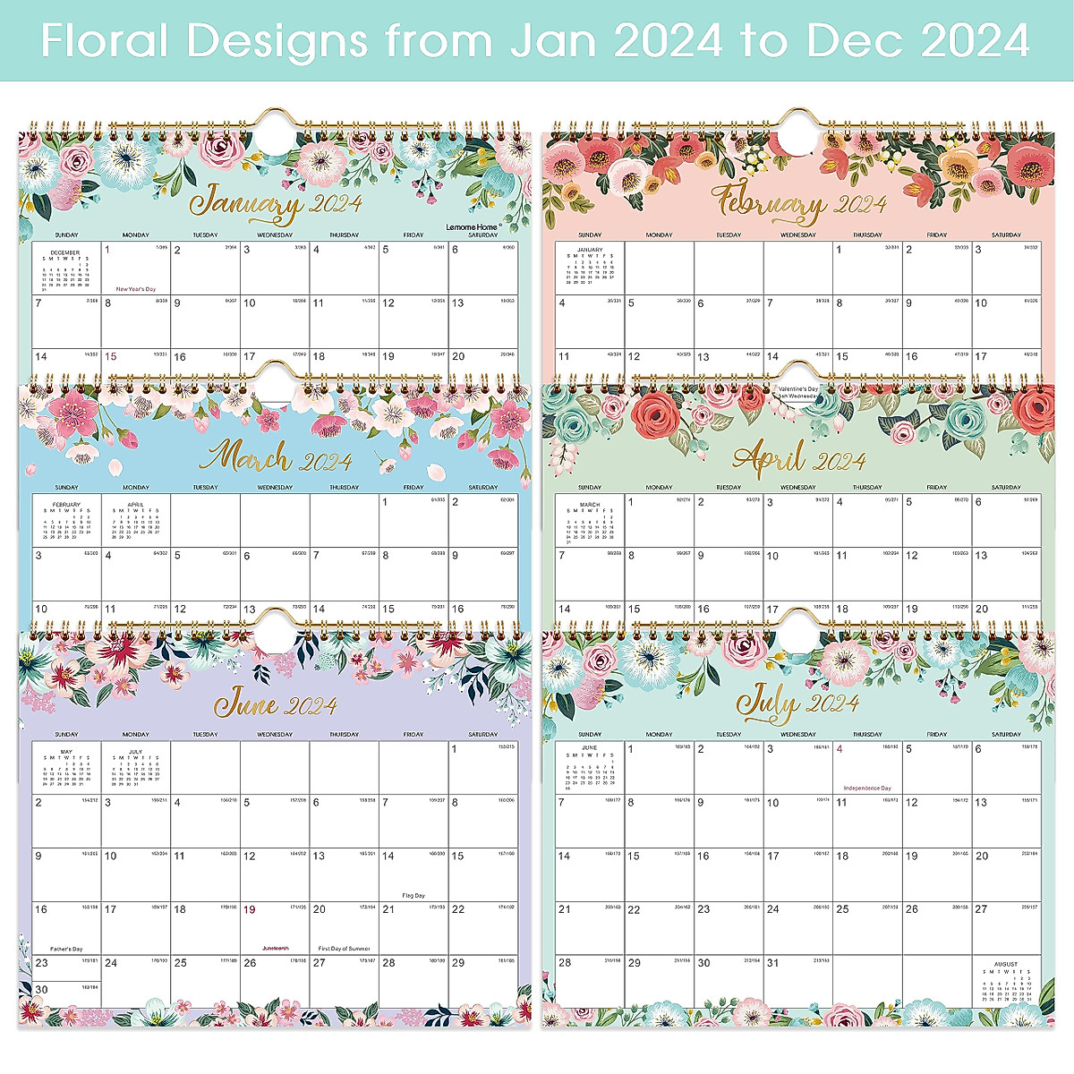 2024 Wall Calendar - 2024 Calendar, 12-Month Calendar 2024, 11" x 8.5", Twin-Wire Binding + Hanging Hook + Thick Paper + Unruled Blocks with Julian Dates - Floral