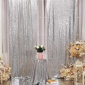 Poise3EHome 2Pcs 3Ft x 8Ft Silver Sequin Backdrop Curtain, Glitter Photography Background, Sequence Xmas Thanksgiving Backdrop for Wedding Party Holiday Festival Decor