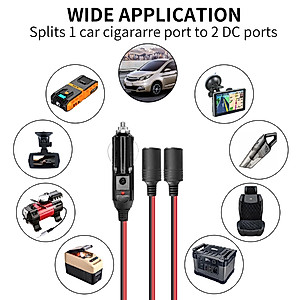 Car Cigarette Lighter Y Splitter Cable YACSEJAO 14AWG 2FT 12V/24V 1 to 2 Car Cigarette Lighter 2-Way Extension Cord