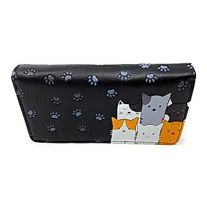 Shag Wear Kitty Cat Crowd Chic Large Animal Wallet for Women and Teen Girls Vegan Faux Leather Black 7"