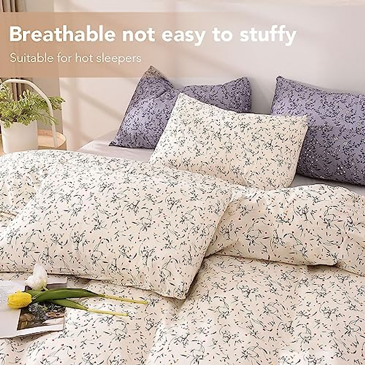 Lekesky Cotton Duvet Cover Queen Size - 100% Washed Cotton Beige Floral Duvet Cover Set for All Season, Soft and Breathable Bedding Set with Zipper Closure & Corner Ties