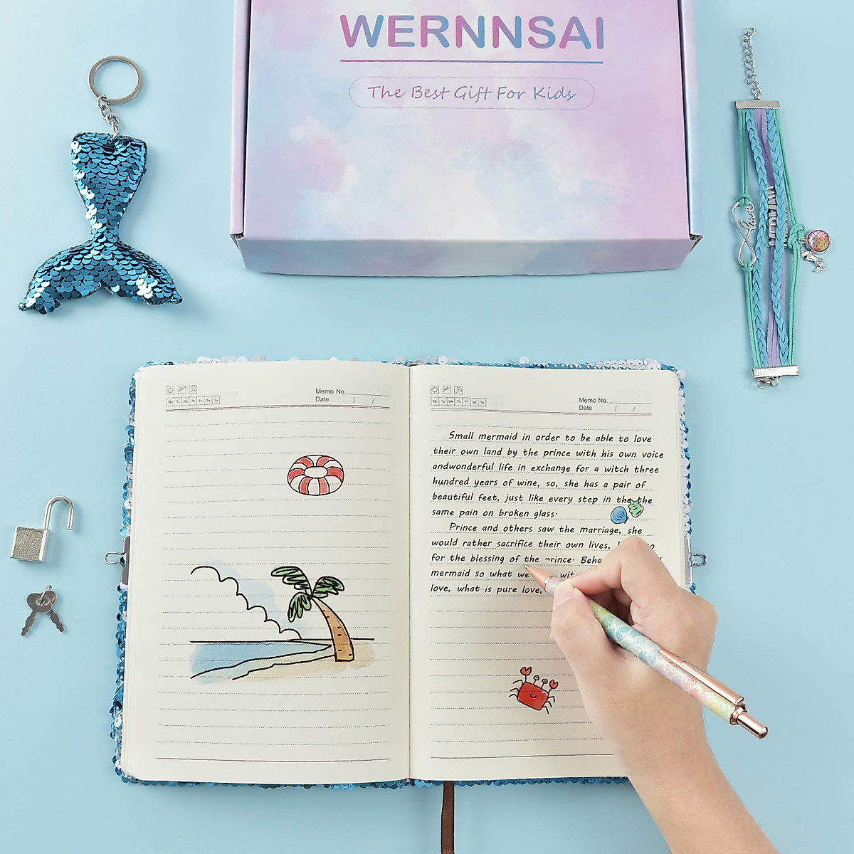 WERNNSAI Mermaid Diary for Girls with Lock - Kids Journals Set Sequins Unique Mermaid Gift for Girls ages 6-8, Travel School Office Notebook Notepad A5 Diary with Ballpoint Pen Bracelet Key-chain