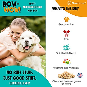 NovaFerrum Bow Wow | 18-in-1 Multifunctional with Iron Supplement for Dogs | Blood Support for Anemia | Glucosamine | Probiotics | Antioxidants | Chicken Flavor | 90 Chews