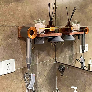 Amersis Wallmount Hair Dryer Holder Rack Compatible with Dyson Supersonic Hair Dryer Blow Dryer Accessories and Attachments Organizer Storage Rack, Walnut Wood(Hair Dryer & Attachments not Included)
