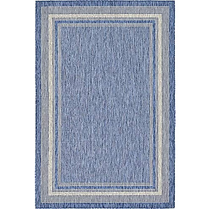 Unique Loom Outdoor Border Collection Area Rug - Soft Border (6' 1" x 9' Rectangle, Blue/ Ivory)