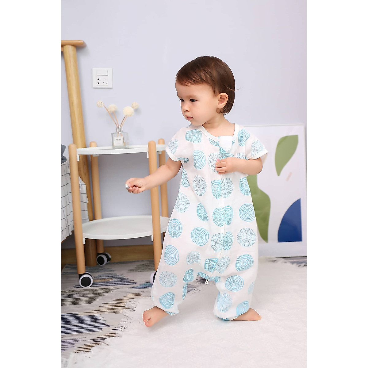 TADO MUSLIN Baby Sleeping Sack 100% Organic Cotton Toddlers Wearable Blanket with Legs, Blue Circle, 35",For 2-4 Years