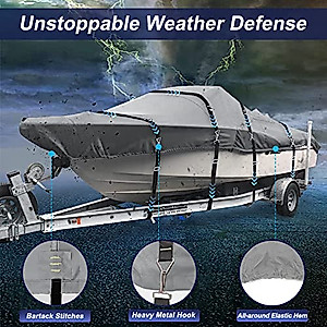 Zenicham 900D V-Hull Boat Cover - Trailerable Waterproof Boat Cover with Metal Buckle, Heavy Duty Boat Cover Fits V-Hull, Tri-Hull, Runabout, 17'-19' Long, Beam Width up to 96", Gray