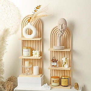 Geetery 2 Pcs Arch Wood Floating Shelf Mid Century Rainbow Wall Shelves Modern Boho Wall Shelf Retro Wall Mounted Wood Arch Wall Decor for Bedroom Living Room Classroom Bathroom Display (3 Tier)