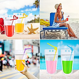 LOMIMOS 50 PCS Stand-Up Plastic Drink Pouches,Reusable Heavy Duty Hand-Held Translucent Reclosable Zipper Drink Bag with 50 Straws for Smoothie Juice Adult Party
