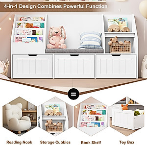 FOTOSOK 55.1’’ Kids Bookshelf with Reading Nook, Toy Storage Organizer with Seat Cushion and 3 Movable Drawers, Kids Reading Nook Toy Organizers and Storage with Bench for Playroom, Bedroom, White